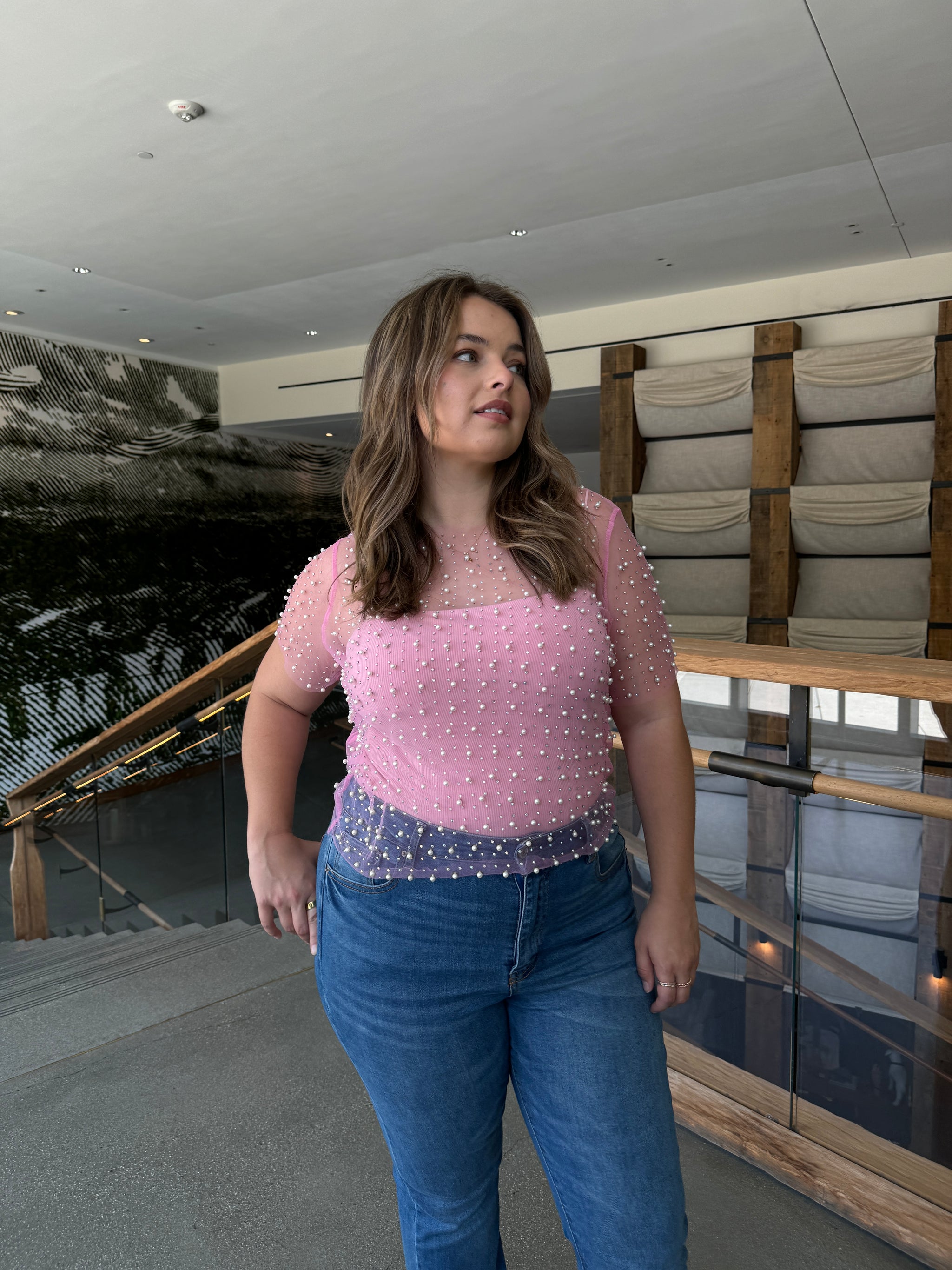 Plus Size Pearl Embellished Mesh Top – 2020AVE