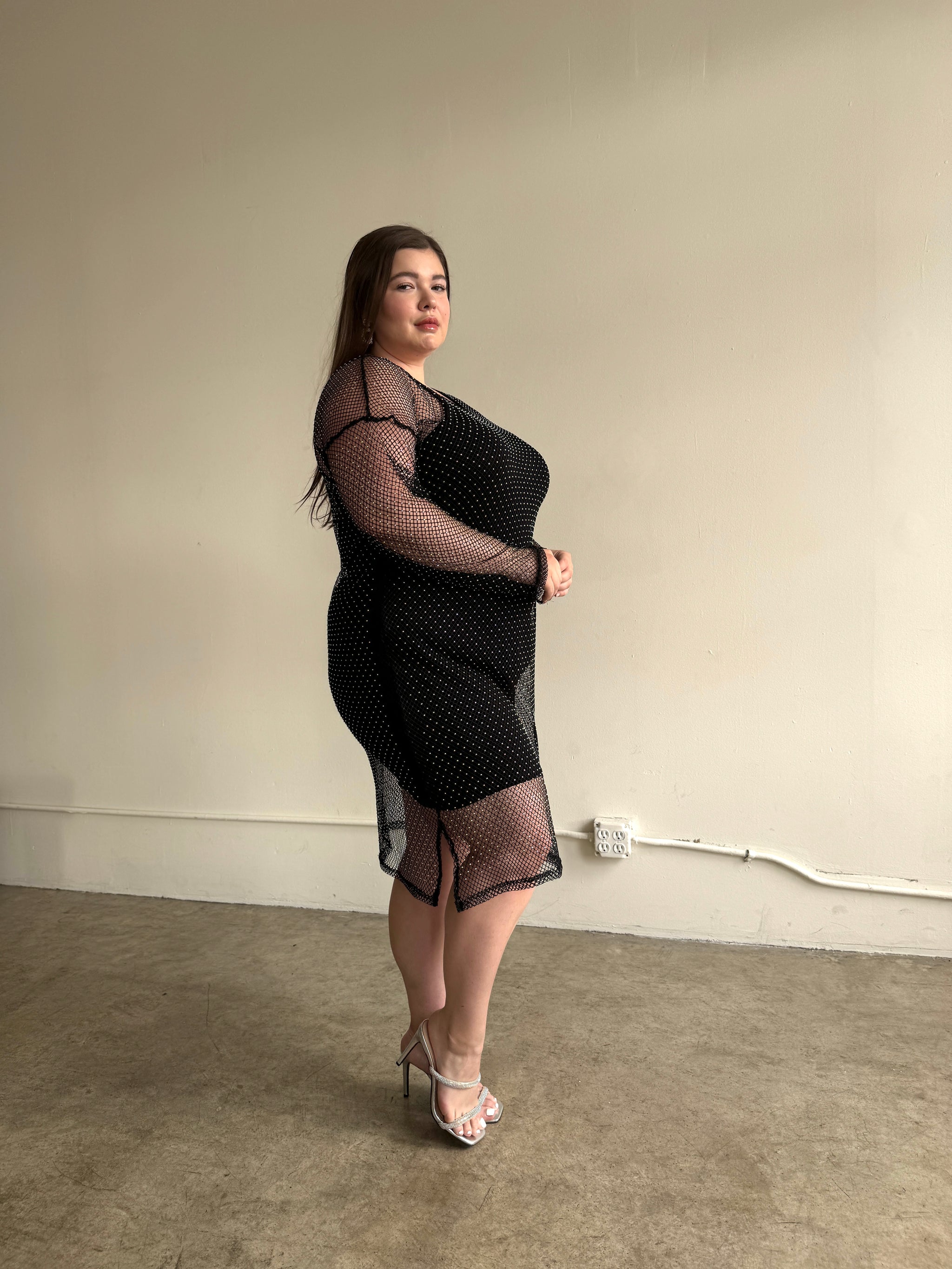 Plus Size Rhinestone Mesh Long Sleeve Dress – 2020AVE