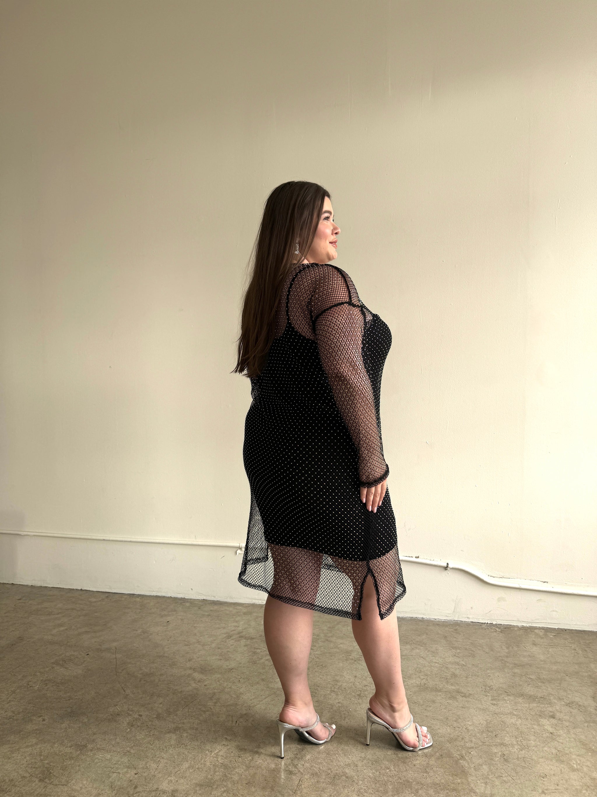 Plus Size Rhinestone Mesh Long Sleeve Dress – 2020AVE