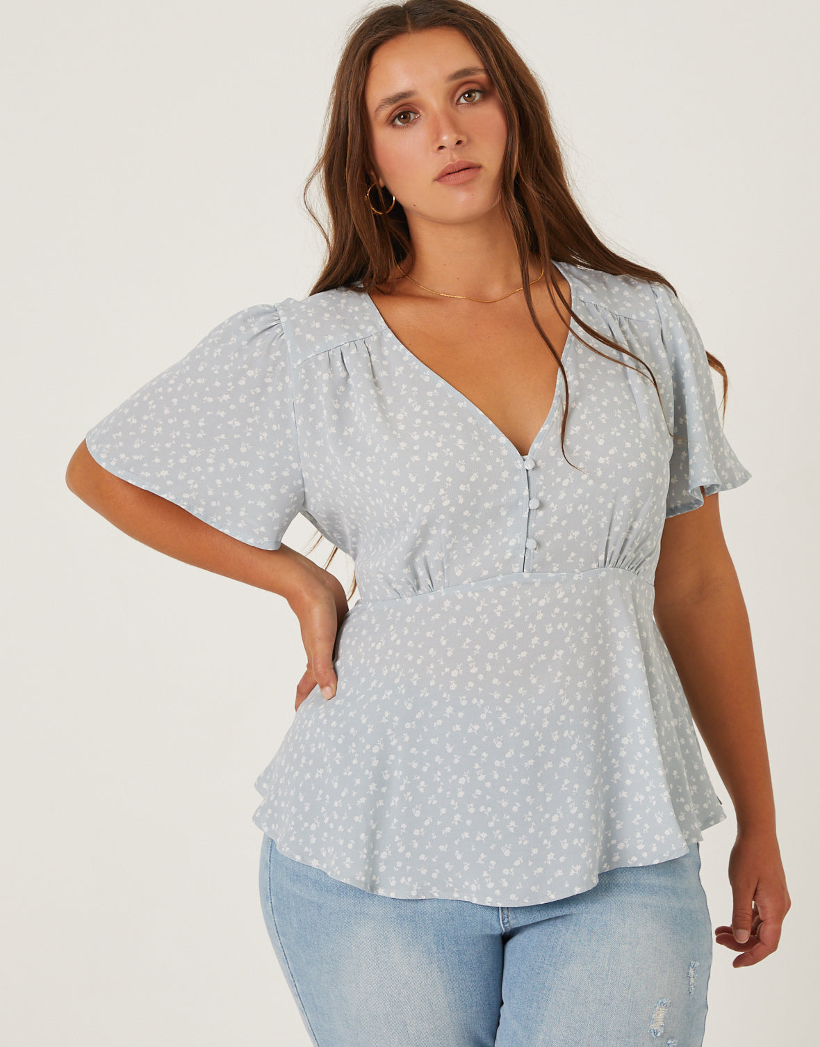 Plus Size Flutter Sleeve Floral Top – 2020AVE