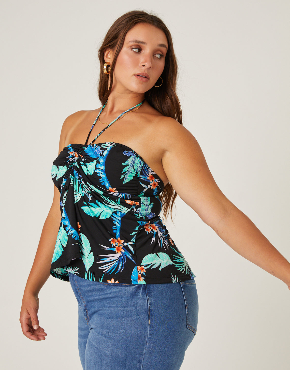 Plus Size Tropical Ruched Halter Top – 2020AVE