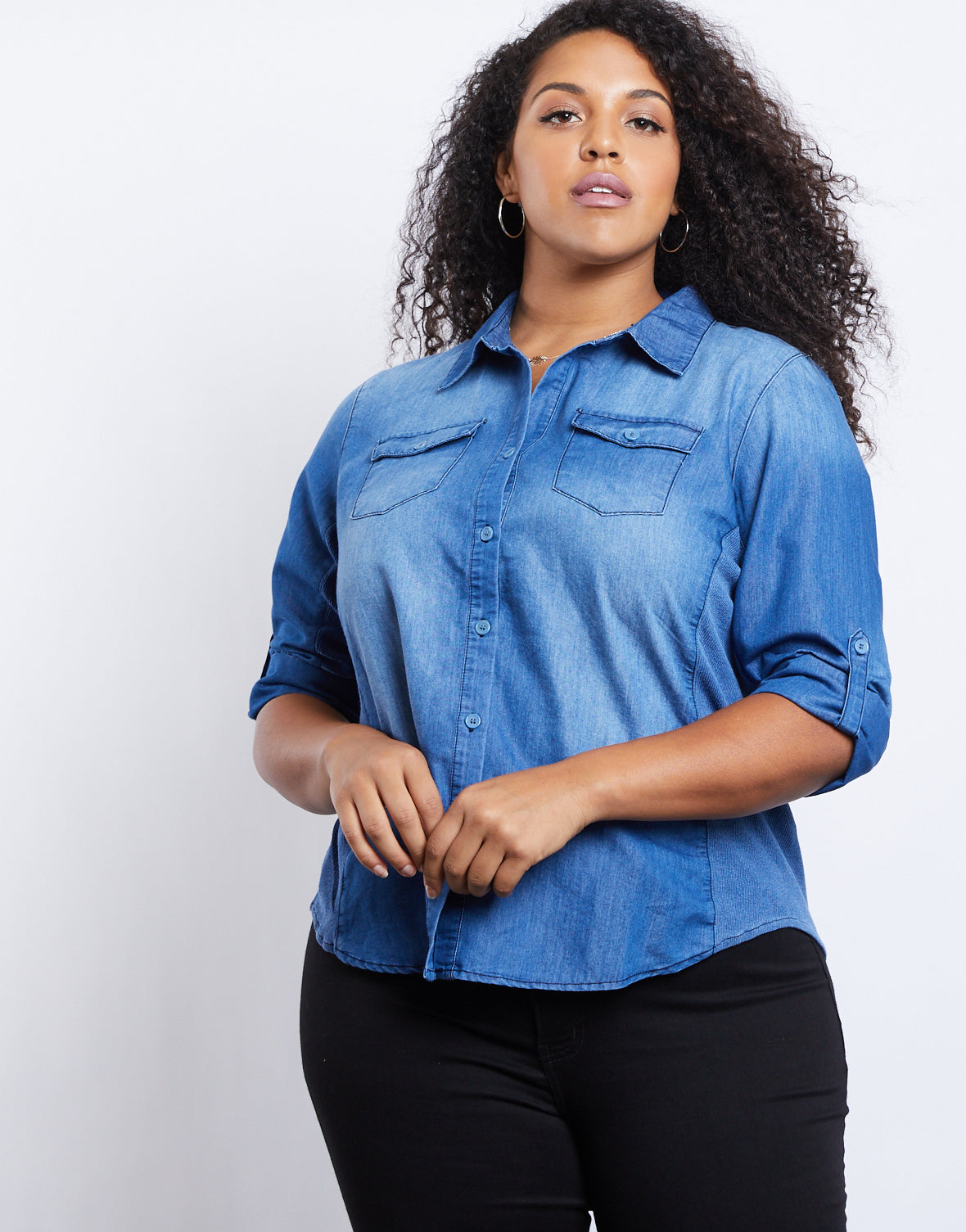 Plus Size Chambray Button Down - Curve Button Down Blouse – 2020AVE