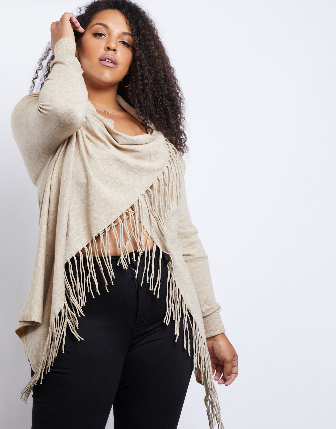 Plus Size Fringe Draped Sweater – 2020AVE