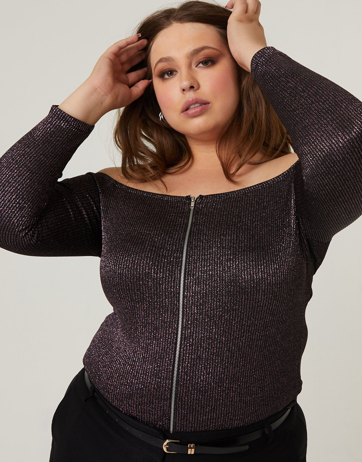 Plus Size Glittery Zip Up Top – 2020AVE