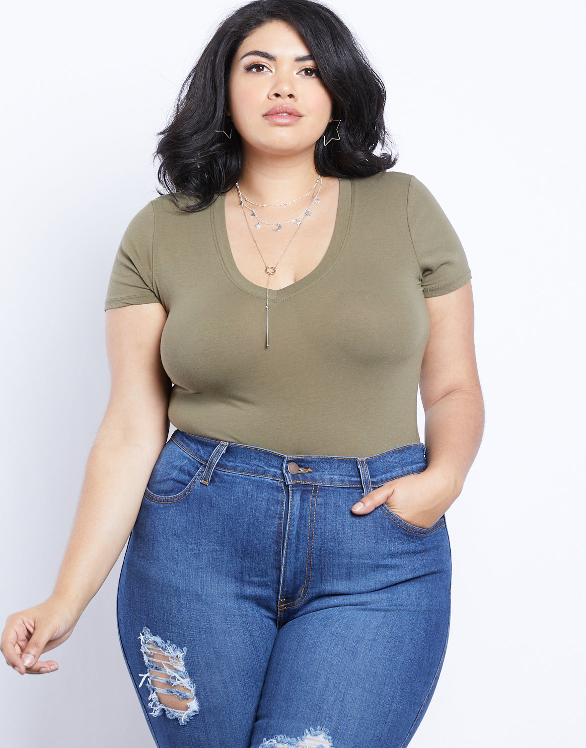Plus Size Everyday Basic V-neck Tee Bodysuit - Plus Size Basic Tee – 2020AVE
